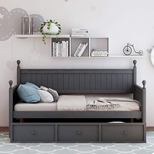 Harper & Bright Designs Twin Size Daybed with Drawers, Wood Daybed with Storage, Dual-use Twin Bed Sofa Bed for Living Room,Guest Room,Kids Room, No Box Spring Needed, Grey