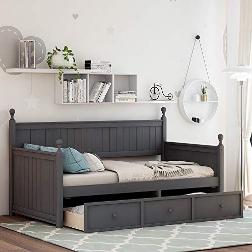 Harper & Bright Designs Twin Size Daybed with Drawers, Wood Daybed with Storage, Dual-use Twin Bed Sofa Bed for Living Room,Guest Room,Kids Room, No Box Spring Needed, Grey