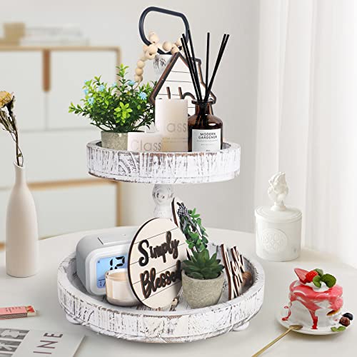 Rustic Wooden Tiered Tray, Farmhouse Decorative Tray, Round Serving Tray with Metal Handle for Home Kitchen Shelf Dinning Table Seasonal Holiday Decorations, White