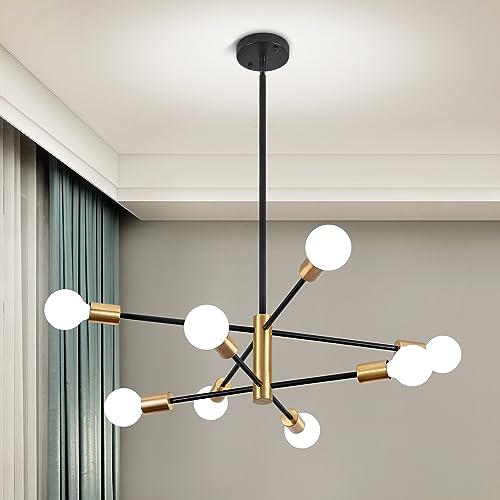 ZSMIHDOH 8-Lights Modern Chandelier Gold Black, Semi Flush Mount Ceiling Light, Mid Century Sputnik Chandelier for Living Room Bedroom Dining Room Study Office, Adjustable Height