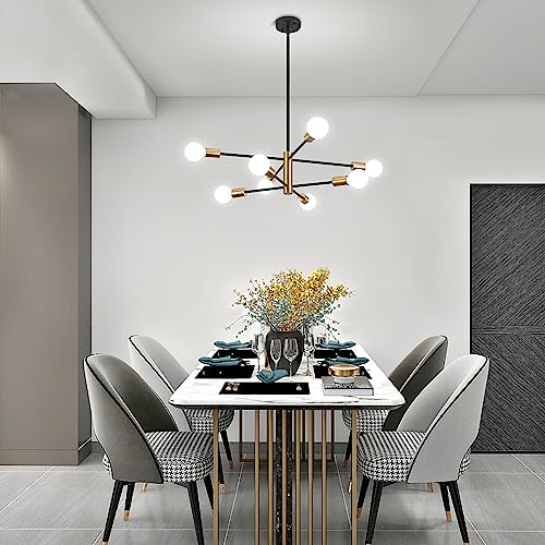 ZSMIHDOH 8-Lights Modern Chandelier Gold Black, Semi Flush Mount Ceiling Light, Mid Century Sputnik Chandelier for Living Room Bedroom Dining Room Study Office, Adjustable Height