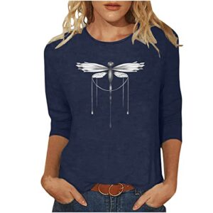 womens summer fall navy dragonfly dance graphic loose fit blouses for women 3/4 sleeve crew neck lounge dance cosplay tops women fi 3xl for women 2023 winter spring fashion trendy