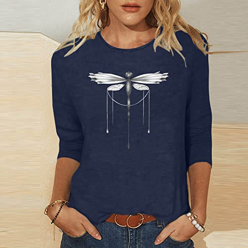 Womens Summer Fall Navy Dragonfly Dance Graphic Loose Fit Blouses for Women 3/4 Sleeve Crew Neck Lounge Dance Cosplay Tops Women FI 3XL for Women 2023 Winter Spring Fashion Trendy