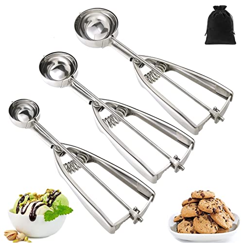 Ice Cream Scoop, 3Pcs Cookie Scoop Set, 18/8 Stainless Steel Cookie Dough Scoop, Cookie Scoops for Baking Set of 3, Ice Cream Scooper with Trigger Release, Cookie Scooper for Baking, Cupcake Scoop