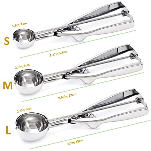 Ice Cream Scoop, 3Pcs Cookie Scoop Set, 18/8 Stainless Steel Cookie Dough Scoop, Cookie Scoops for Baking Set of 3, Ice Cream Scooper with Trigger Release, Cookie Scooper for Baking, Cupcake Scoop