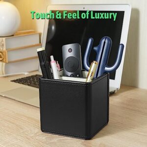 Lorteme 2-Compartment Pen Holder, Handmade Leather Pencil Cup, Stationeries and Desk Supplies Organizer for Home, Office & School - Black