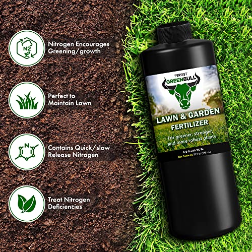 Persist Green Bull - 32oz Liquid Grass Fertilizer for Lawn and Garden Soil that Naturally Enhances Green and Creates Nitrogen Rich Plant Soil for Spring or All Year Lawn Care, Naturally Based Fertilizer for Greener Plants