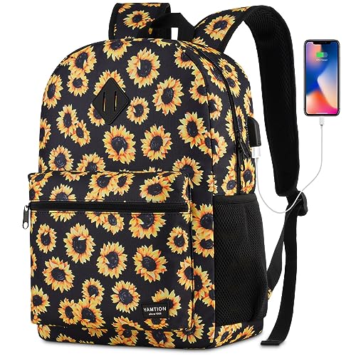 YAMTION School Backpack,Sunflower Bookbag Men and Teen Boy Schoolbag with USB Charging Port for High School College Office Work Travel