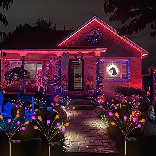 𝟖𝐏𝐚𝐜𝐤 𝐓𝐨𝐭𝐚𝐥 𝟔𝟒𝐋𝐄𝐃 Purple and Orange Solar Halloween Lights - Solar Firefly Lights Outdoor, Solar Gardeen Light, Solar Lights Waterproof for Garden Halloween Decoration (Orange&Purple)