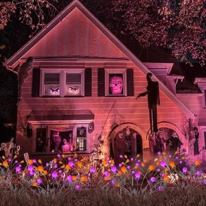 𝟖𝐏𝐚𝐜𝐤 𝐓𝐨𝐭𝐚𝐥 𝟔𝟒𝐋𝐄𝐃 Purple and Orange Solar Halloween Lights - Solar Firefly Lights Outdoor, Solar Gardeen Light, Solar Lights Waterproof for Garden Halloween Decoration (Orange&Purple)