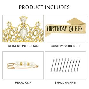 Makone Gold Birthday Decorations Tiara for Women, Birthday Queen Sash and Rhinestone Tiara Set with Combs, Crystal Hair Accessories for Women and Grils Birthday Party Decorations