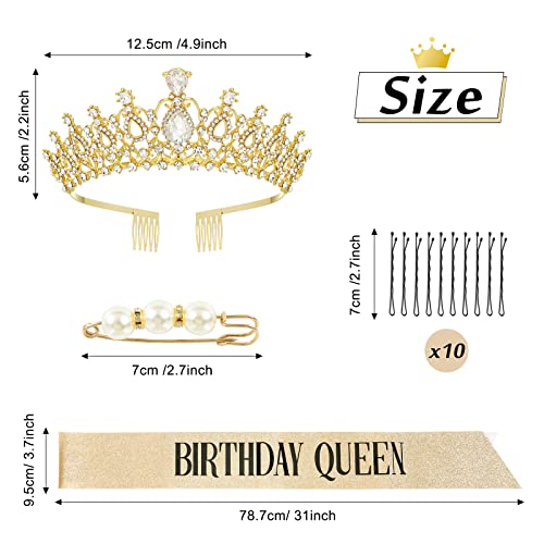 Makone Gold Birthday Decorations Tiara for Women, Birthday Queen Sash and Rhinestone Tiara Set with Combs, Crystal Hair Accessories for Women and Grils Birthday Party Decorations