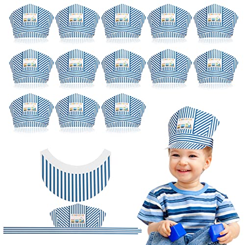 Bonuci 24 Pieces Paper Train Party Hats Train Engineer Hats for Kids Train Party Cosplay, Train Conductor Costume Halloween Blue and White Stripes Train Themed Party Photo Props