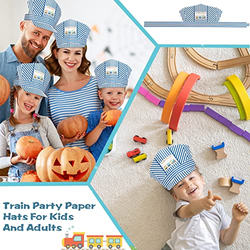 Bonuci 24 Pieces Paper Train Party Hats Train Engineer Hats for Kids Train Party Cosplay, Train Conductor Costume Halloween Blue and White Stripes Train Themed Party Photo Props