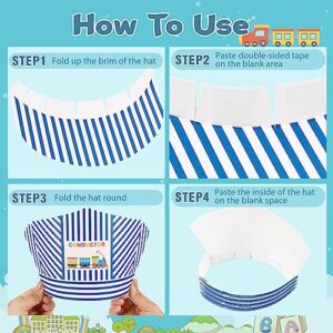 Bonuci 24 Pieces Paper Train Party Hats Train Engineer Hats for Kids Train Party Cosplay, Train Conductor Costume Halloween Blue and White Stripes Train Themed Party Photo Props