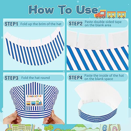 Bonuci 24 Pieces Paper Train Party Hats Train Engineer Hats for Kids Train Party Cosplay, Train Conductor Costume Halloween Blue and White Stripes Train Themed Party Photo Props