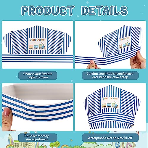 Bonuci 24 Pieces Paper Train Party Hats Train Engineer Hats for Kids Train Party Cosplay, Train Conductor Costume Halloween Blue and White Stripes Train Themed Party Photo Props