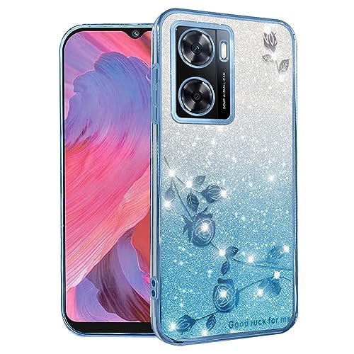 for Oppo A57 4G Case Glitter for Women Girls Pink Floral Clear Shockproof Protector Oppo A57 Case Luxury Diamond Bling Sparkle Cute Phone Case Cover Soft TPU (Blue)