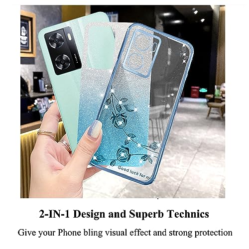 for Oppo A57 4G Case Glitter for Women Girls Pink Floral Clear Shockproof Protector Oppo A57 Case Luxury Diamond Bling Sparkle Cute Phone Case Cover Soft TPU (Blue)