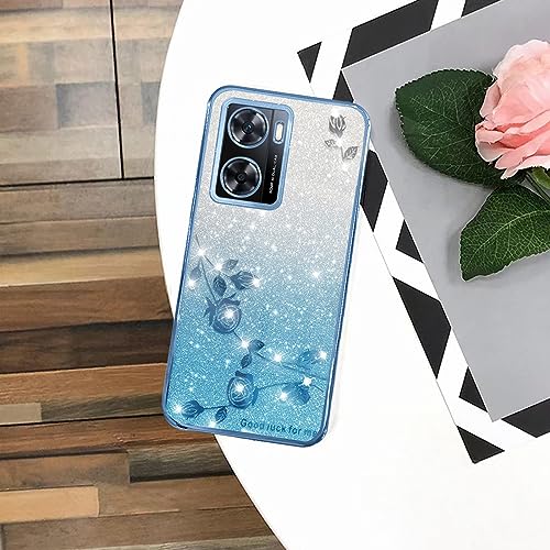 for Oppo A57 4G Case Glitter for Women Girls Pink Floral Clear Shockproof Protector Oppo A57 Case Luxury Diamond Bling Sparkle Cute Phone Case Cover Soft TPU (Blue)