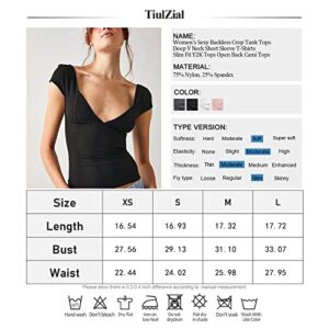 TiulZial Women's Sexy Backless Crop Tank Tops Deep V Neck Short Sleeve T-Shirts Slim Fit Y2K Tops Open Back Cami Tops Black,S