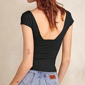 TiulZial Women's Sexy Backless Crop Tank Tops Deep V Neck Short Sleeve T-Shirts Slim Fit Y2K Tops Open Back Cami Tops Black,S