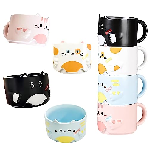 Jifoow Cat Mug Set of 4 Stackable Porcelain Cute Cat Coffee Mug Set Gifts for Cat Lovers,Funny Coffee Mugs with Cartoon Cat Designs 10 oz for Party, Christmas