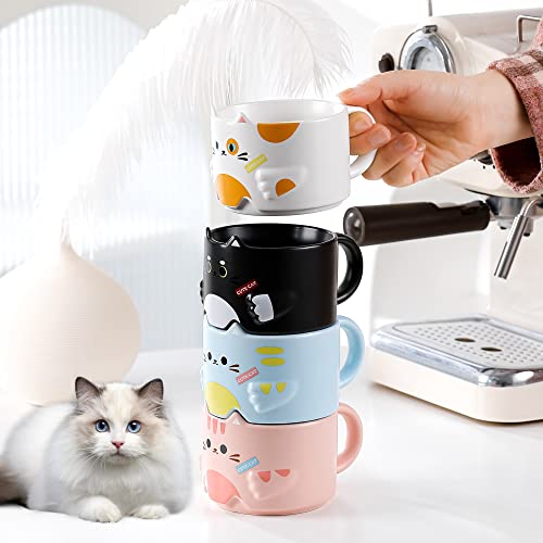 Jifoow Cat Mug Set of 4 Stackable Porcelain Cute Cat Coffee Mug Set Gifts for Cat Lovers,Funny Coffee Mugs with Cartoon Cat Designs 10 oz for Party, Christmas