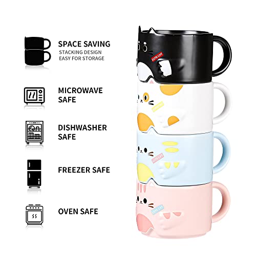 Jifoow Cat Mug Set of 4 Stackable Porcelain Cute Cat Coffee Mug Set Gifts for Cat Lovers,Funny Coffee Mugs with Cartoon Cat Designs 10 oz for Party, Christmas