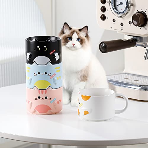 Jifoow Cat Mug Set of 4 Stackable Porcelain Cute Cat Coffee Mug Set Gifts for Cat Lovers,Funny Coffee Mugs with Cartoon Cat Designs 10 oz for Party, Christmas