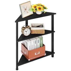 fogein 3 tier corner shelf, triangle end/side table, corner nightstand, corner bookshelf with metal frame corner shelf stand for small space living room(black)