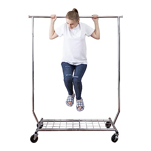 FSUON 450LBS Clothing Garment Rack, Extendable Single Rod Clothes Rack with Wheels & Base, Heavy Duty