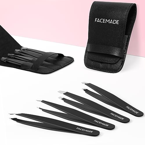 FACEMADE 4 Pack Tweezers Set - Professional Stainless Steel for Men and Women, Precision Eyebrow Facial Hair, Chin, Ingrown Hair Removal (Black) (T4)