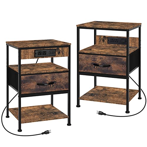 Nightstands Set of 2 with Charging Station, End Table Bedroom Bedside Table with USB Ports, Industrial Nightstand with Drawers Small Side Table with Power Outlets for Living Room Farmhouse Dorm, Brown