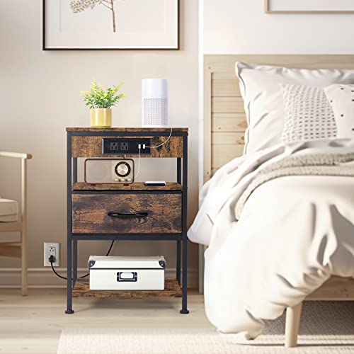 Nightstands Set of 2 with Charging Station, End Table Bedroom Bedside Table with USB Ports, Industrial Nightstand with Drawers Small Side Table with Power Outlets for Living Room Farmhouse Dorm, Brown