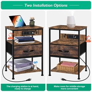 Nightstands Set of 2 with Charging Station, End Table Bedroom Bedside Table with USB Ports, Industrial Nightstand with Drawers Small Side Table with Power Outlets for Living Room Farmhouse Dorm, Brown