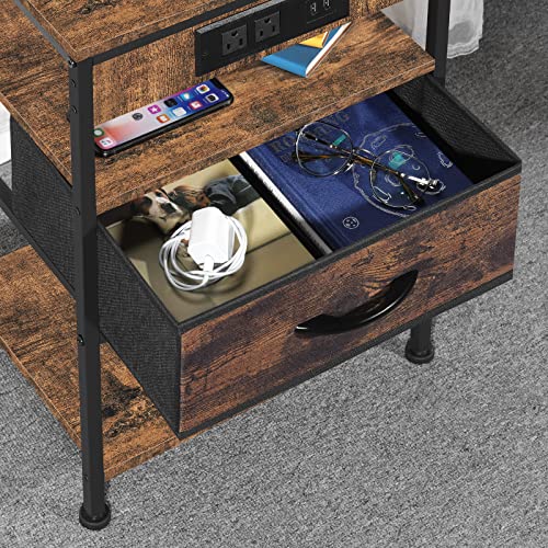 Nightstands Set of 2 with Charging Station, End Table Bedroom Bedside Table with USB Ports, Industrial Nightstand with Drawers Small Side Table with Power Outlets for Living Room Farmhouse Dorm, Brown