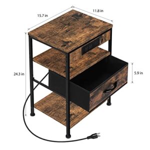 Nightstands Set of 2 with Charging Station, End Table Bedroom Bedside Table with USB Ports, Industrial Nightstand with Drawers Small Side Table with Power Outlets for Living Room Farmhouse Dorm, Brown