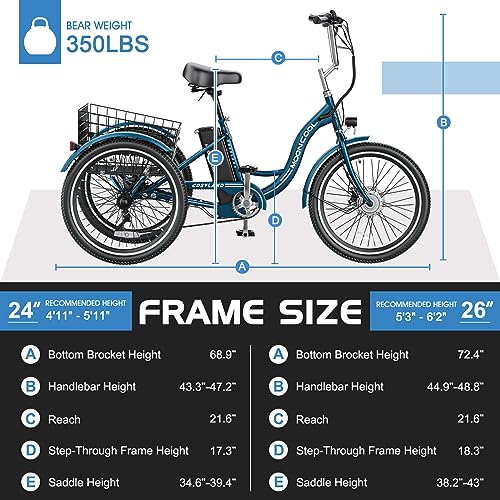 MOONCOOL Electric Tricycle for Adults, 350W 36V Electric Trike Motorized Three Wheel Electric Bicycle, 7 Speeds 3 Wheels Adult Electric Tricycle with Large Basket