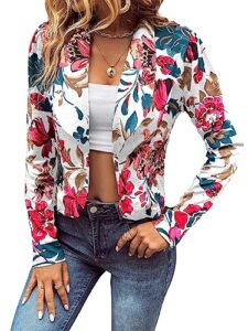 oyoangle women's floral print long sleeve blazers casual office work open front cardigan jacket blazer white l