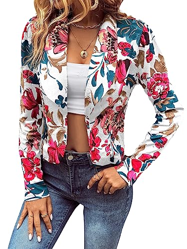 OYOANGLE Women's Floral Print Long Sleeve Blazers Casual Office Work Open Front Cardigan Jacket Blazer White L