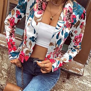 OYOANGLE Women's Floral Print Long Sleeve Blazers Casual Office Work Open Front Cardigan Jacket Blazer White L