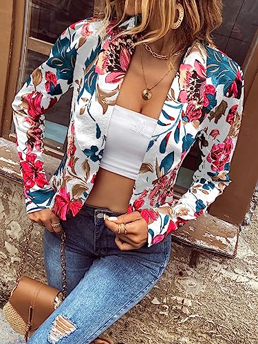 OYOANGLE Women's Floral Print Long Sleeve Blazers Casual Office Work Open Front Cardigan Jacket Blazer White L