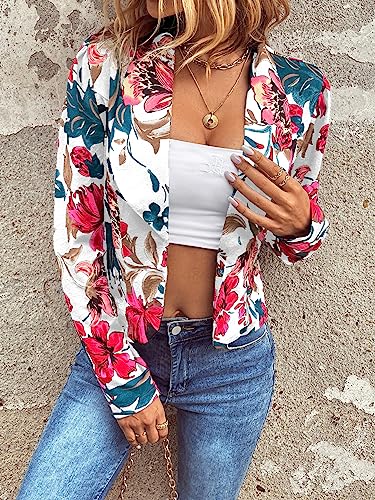 OYOANGLE Women's Floral Print Long Sleeve Blazers Casual Office Work Open Front Cardigan Jacket Blazer White L