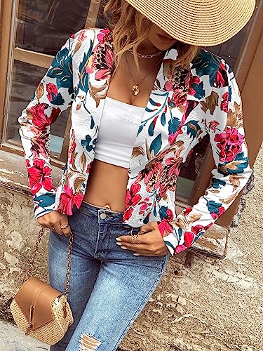 OYOANGLE Women's Floral Print Long Sleeve Blazers Casual Office Work Open Front Cardigan Jacket Blazer White L