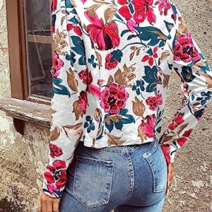 OYOANGLE Women's Floral Print Long Sleeve Blazers Casual Office Work Open Front Cardigan Jacket Blazer White L