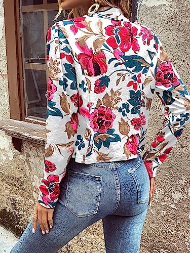 OYOANGLE Women's Floral Print Long Sleeve Blazers Casual Office Work Open Front Cardigan Jacket Blazer White L