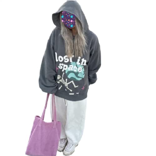 Y2K Skeleton Hoodie Women Pullover Letter Print Graphic Oversized Jacket Men Vintage Fashion Sweater Street Sweatshirt(M, Grey,Thick Clothing)