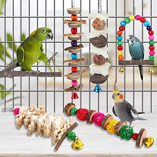 Bird Perch Bird Toys Parakeet Toys,6 Pack Bird Cage Accessories Wooden Chew Toys Perch Stand for Parrot Conure Cockatiel Lovebird Parrotlet Budgie Finches and Other Small to Medium Sized Birds