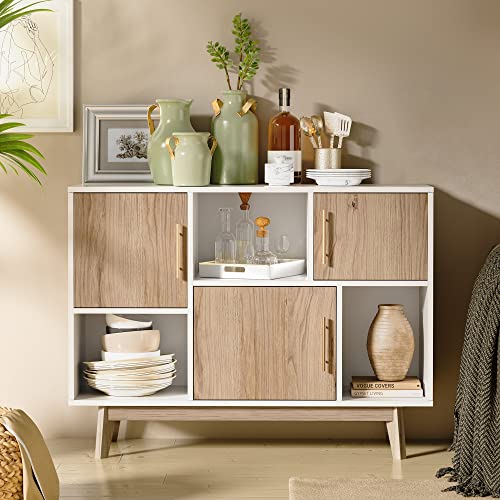 Cozy Castle 6-Cube Bookcase with Doors, Free Standing Sideboard Buffet Storage Cabinet, Mid Century Cabinet with Storage, 6 Cube Storage Organizer for Living Room, Bedroom, Hallway, White and Oak